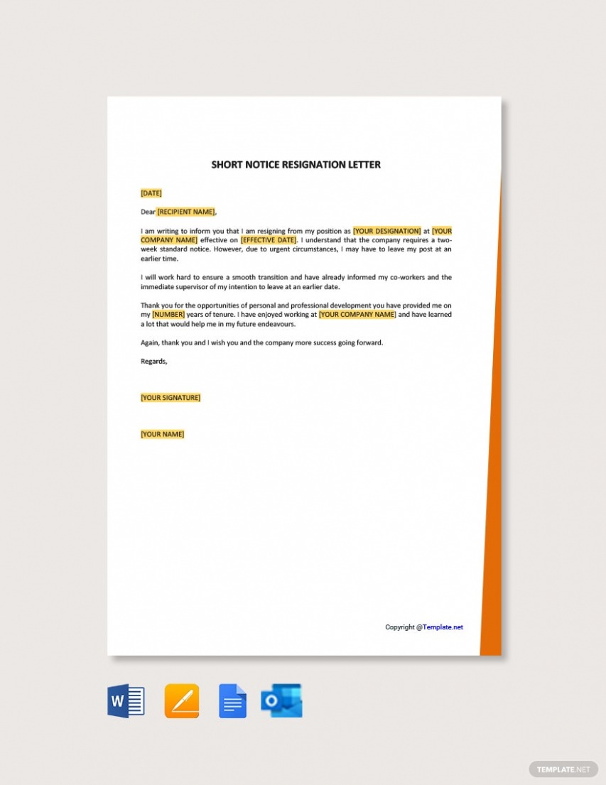 Short Notice Resignation Letter Template Short Notice Resignation Letter Template