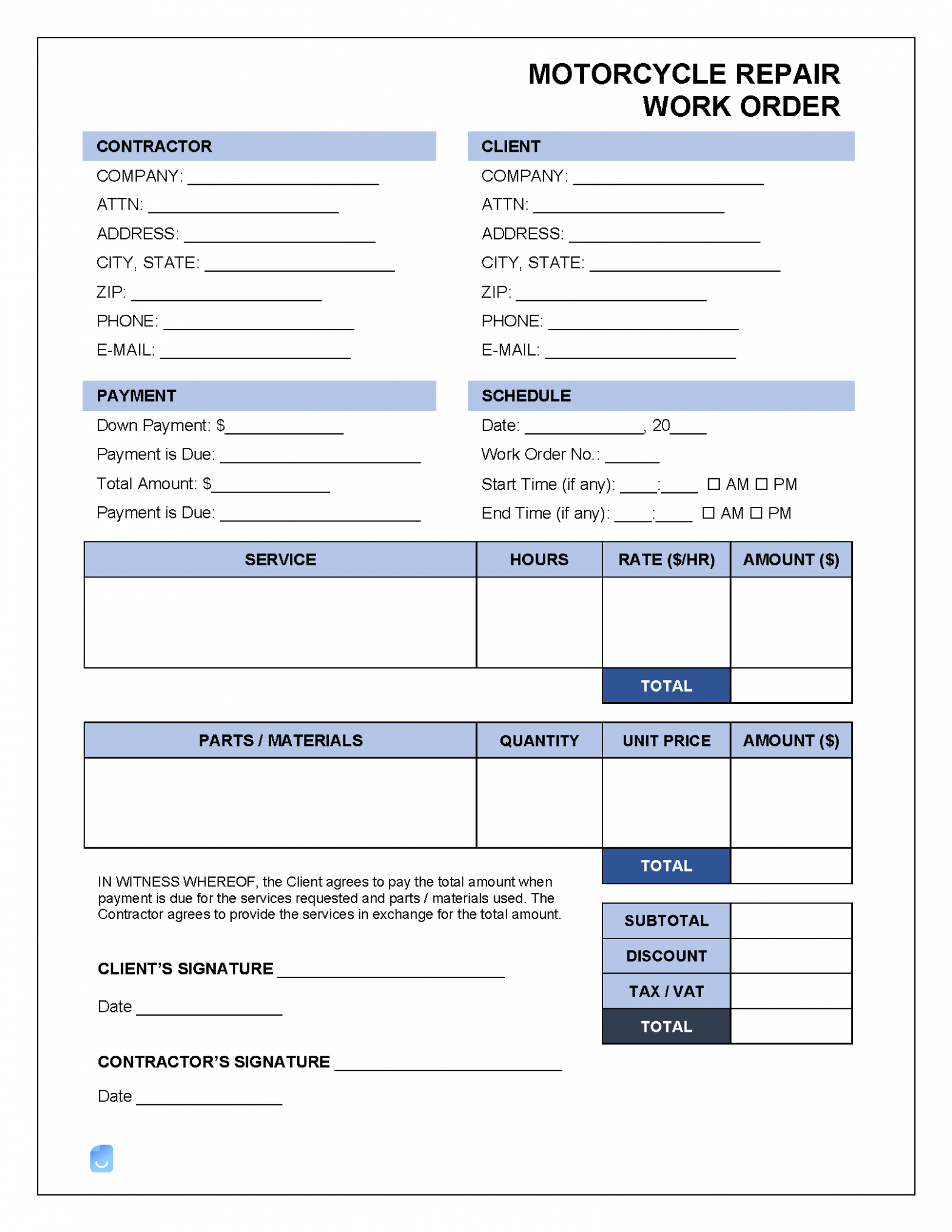 Motorcycle Repair Order Template Motorcycle Repair Order Template