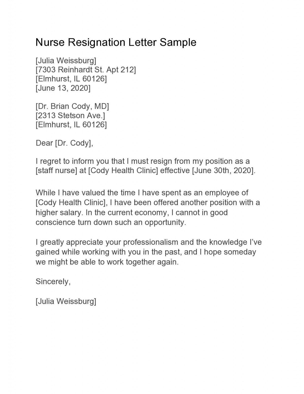 Resignation Letter Sample For Private Duty Nurse