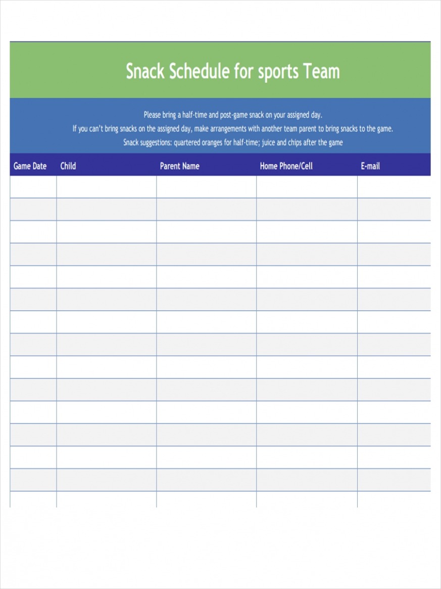 Sports Snack Schedule Template