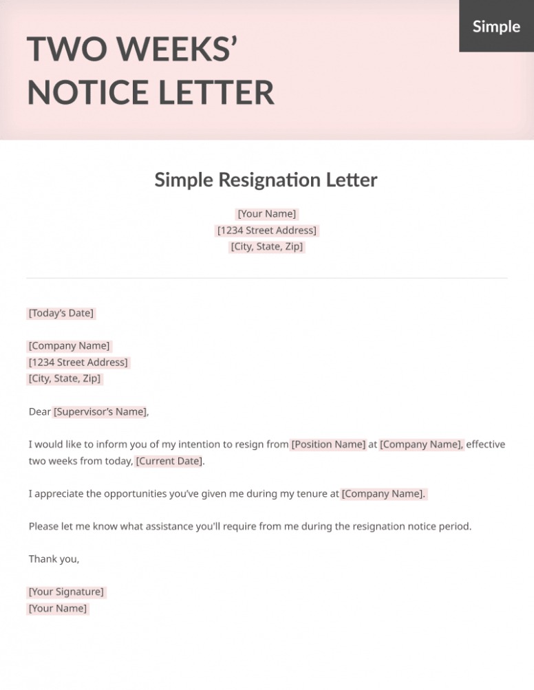 Two Weeks Resignation Letter Template Two Weeks Resignation Letter Template