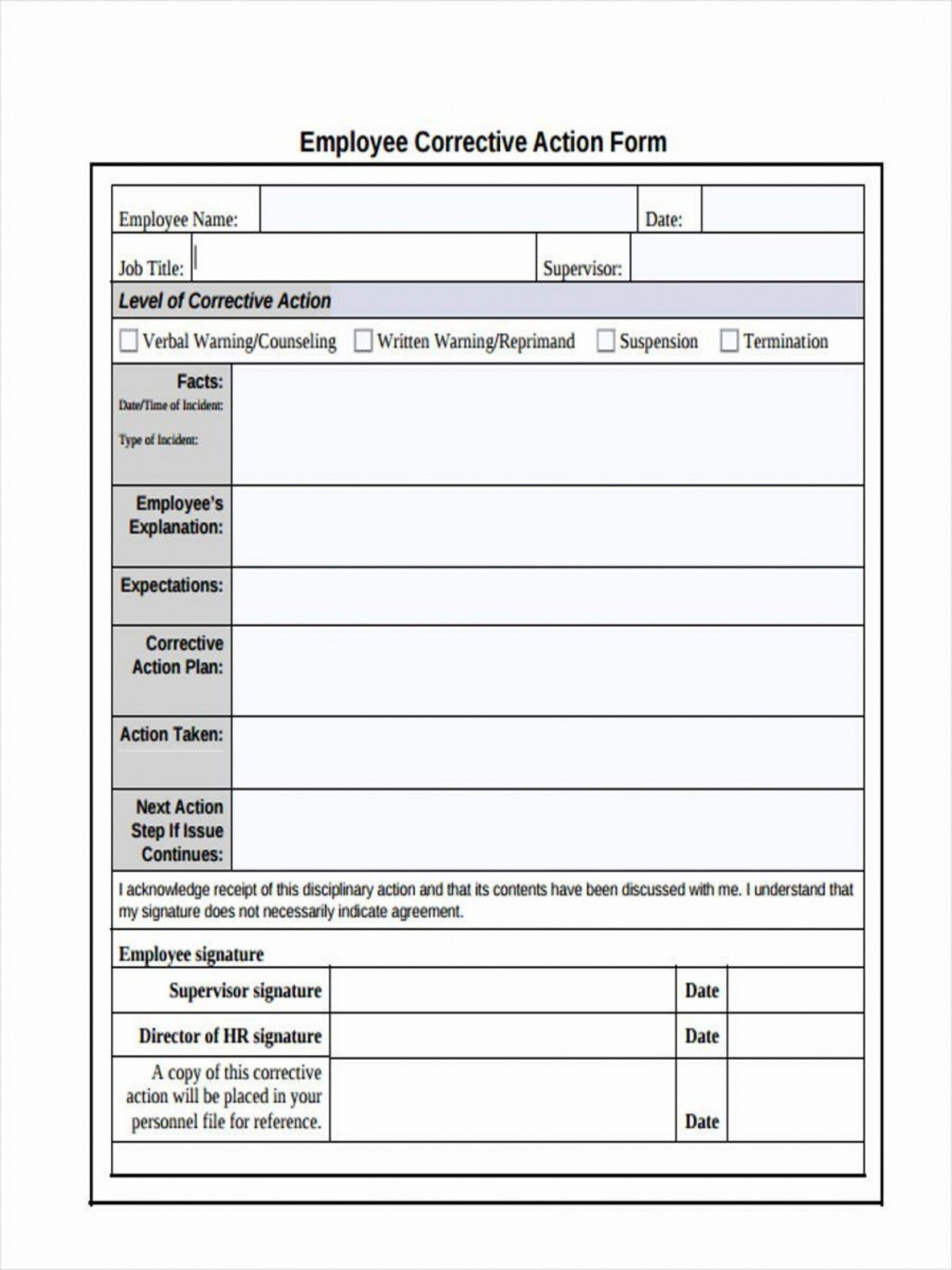 Employee Corrective Action Plan Template