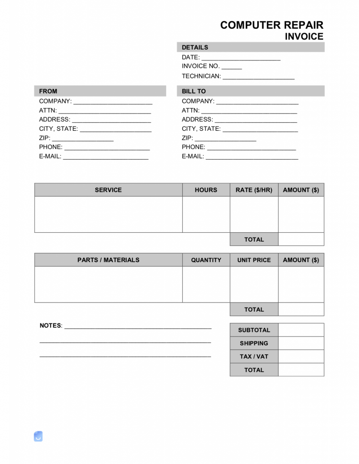 Computer Repair Invoice Template