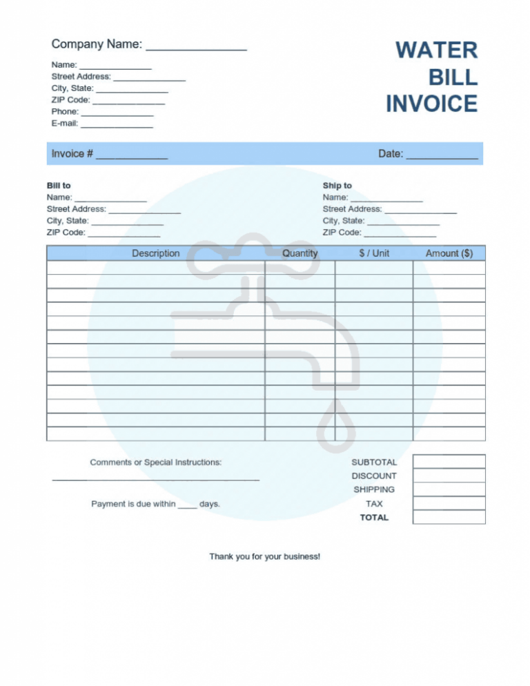 Water Bill Invoice Template