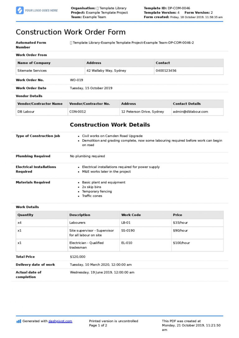 Contractor Work Order Template