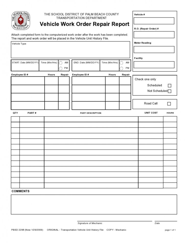 Body Shop Work Order Template