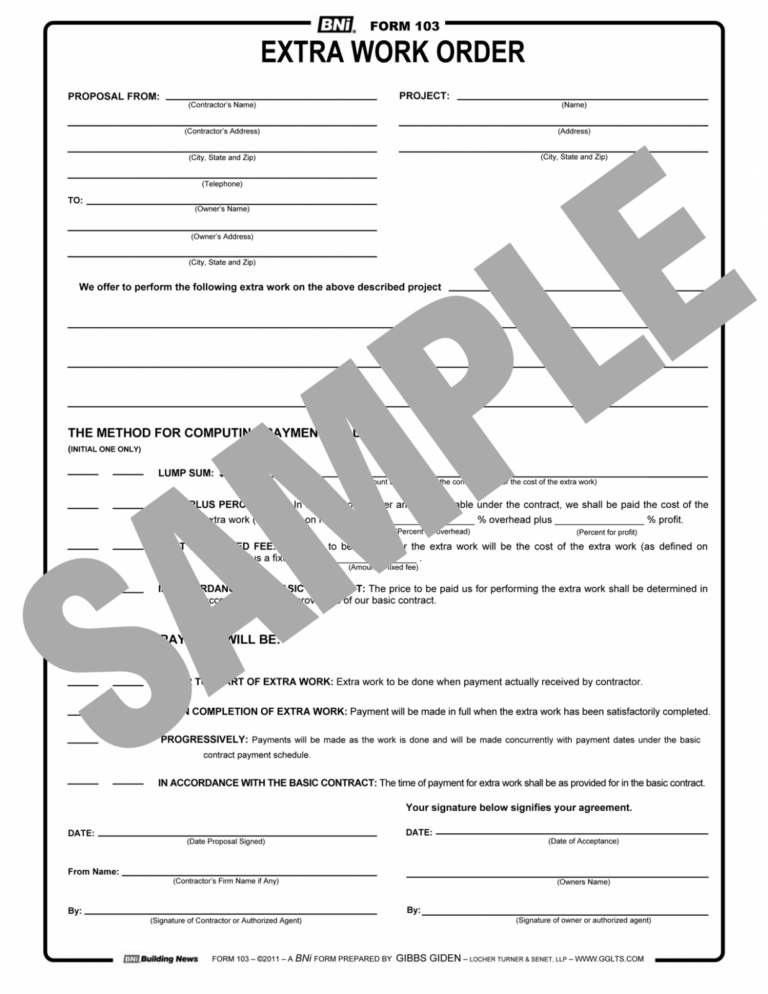 Construction Additional Work Order Template