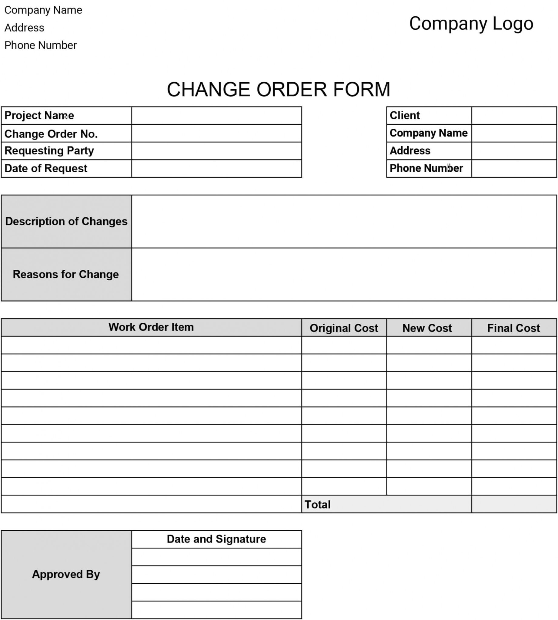 Construction Change Order Form Template
