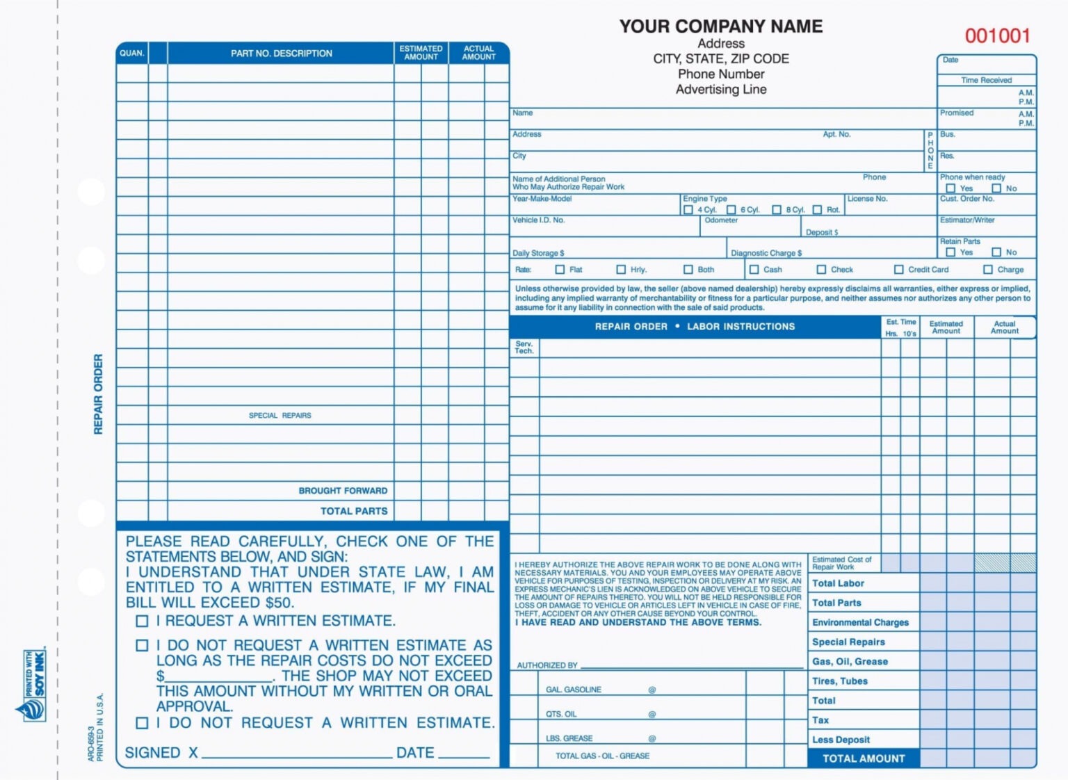 Auto Repair Work Order Template