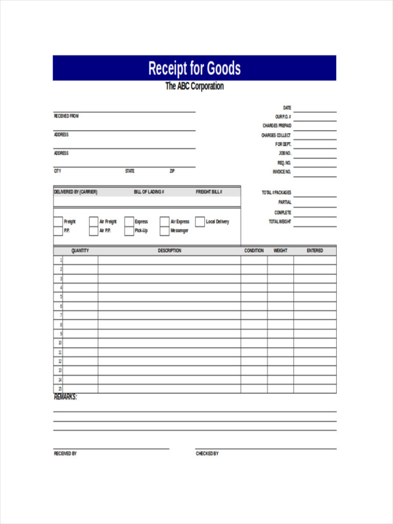 Goods Received In Good Order And Condition Template
