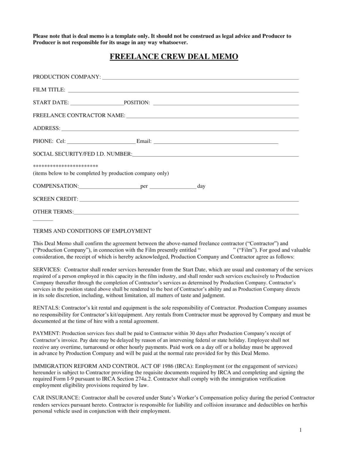 Makeup Artist Deal Memo Template